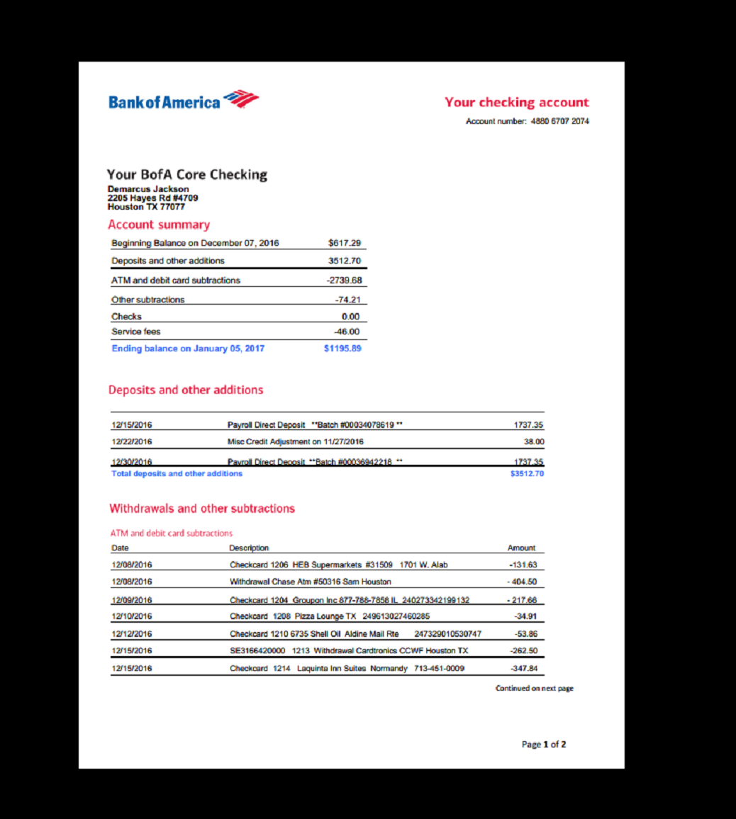 Bank Statement Bank America Template Income Earnings Throughout 