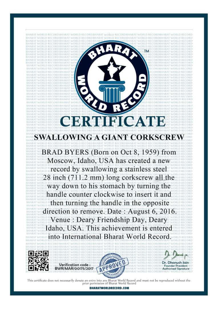 Brad Byers World Record Certificates, Medals, And Other Awards for ...