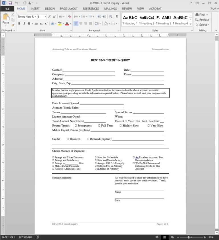Credit Inquiry Request Template | Rev103-3 within Enquiry Form Template ...
