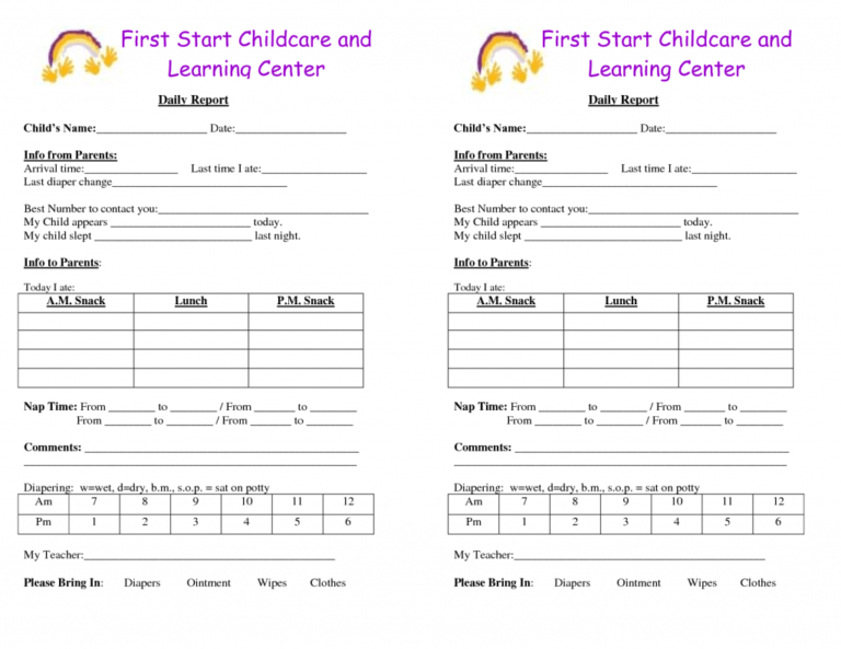 Daycare Infant Daily Report Template And Baby Log Forms with Daycare ...
