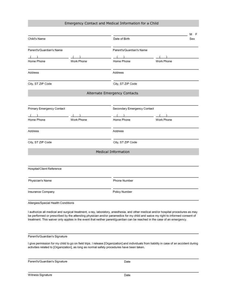 Emergency Contact Information Form Template | Printables for Student ...
