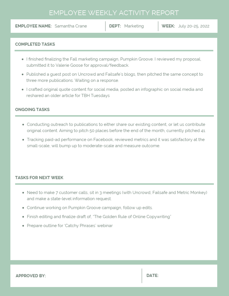 Employee Weekly Activity Report Template – Venngage Throughout ...