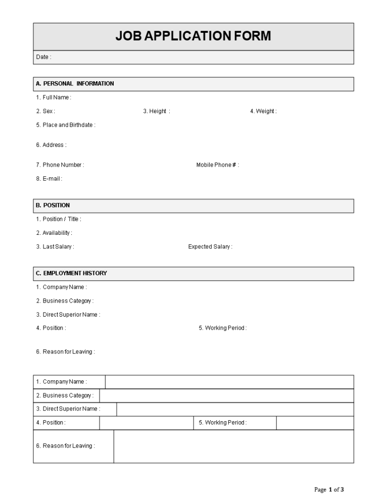 Employment Application Form Free Templates Employeeplication for Job ...
