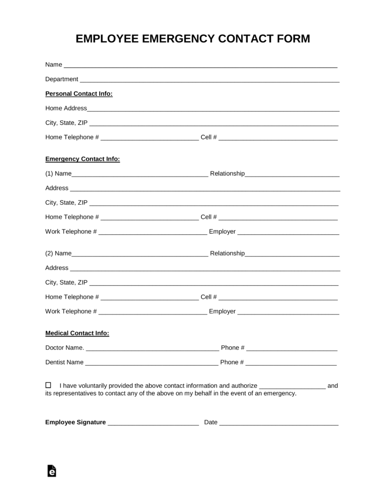Free Employee Emergency Contact Form – Pdf | Word | Eforms pertaining ...