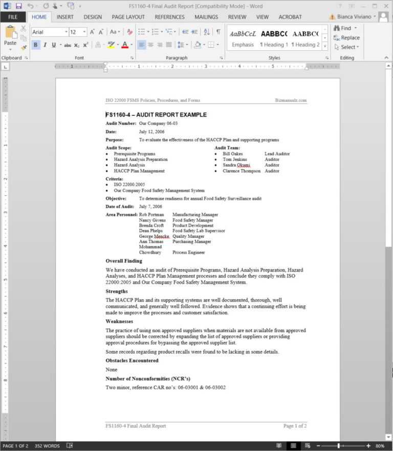 Fsms Audit Report Example Template | Fds1160-4 pertaining to Safety ...