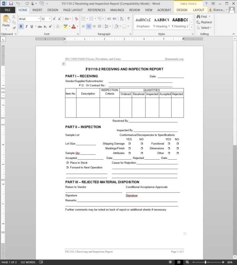 Fsms Receiving Inspection Report Template | Fds1110-2 in Part ...