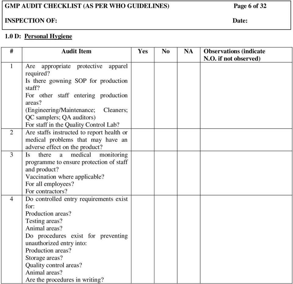 Gmp Audit Checklist (As Per Who Guidelines) Page 1 Of 32 for Gmp Audit ... Gmp Audit Checklist (As Per Who Guidelines) Page 1 Of 32 for Gmp Audit ...