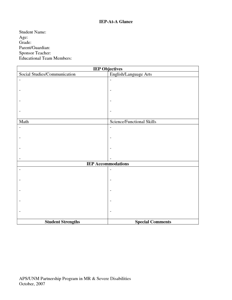 Iep At A Glance Template – | School | School Social Work with Blank Iep ...