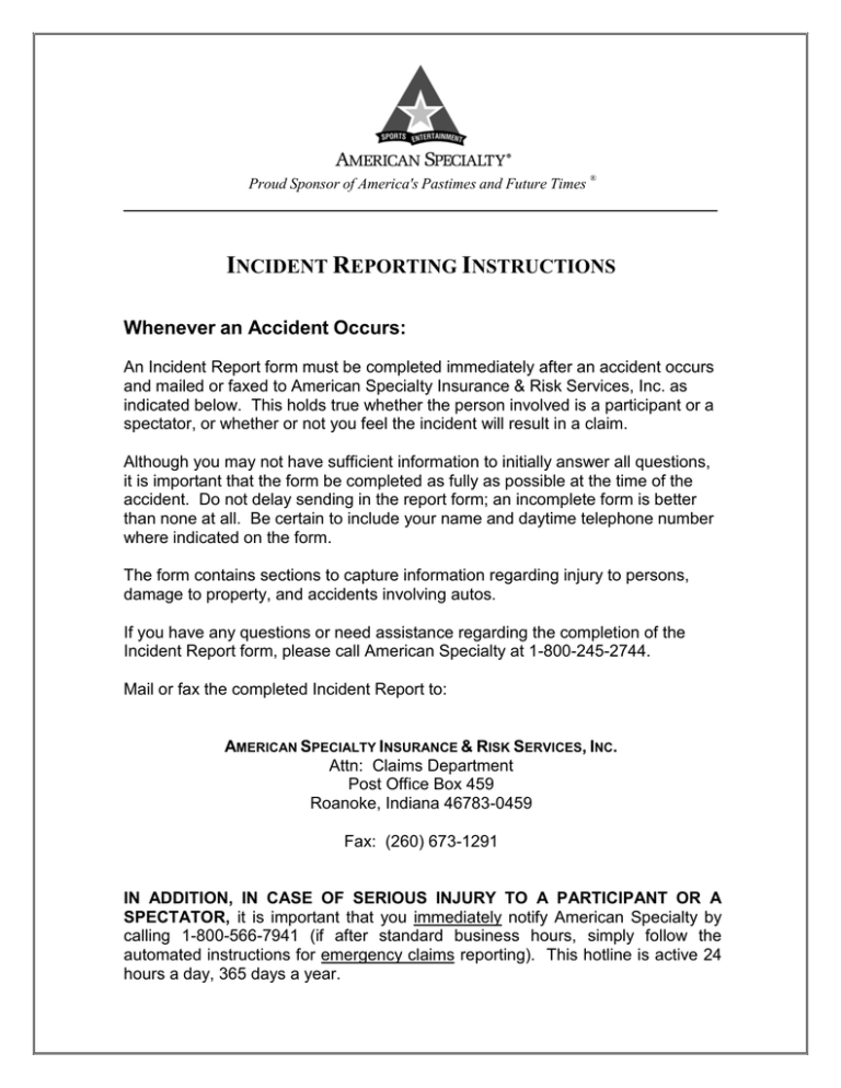 Incident Reporting Instructions Whenever An Accident for Insurance ...