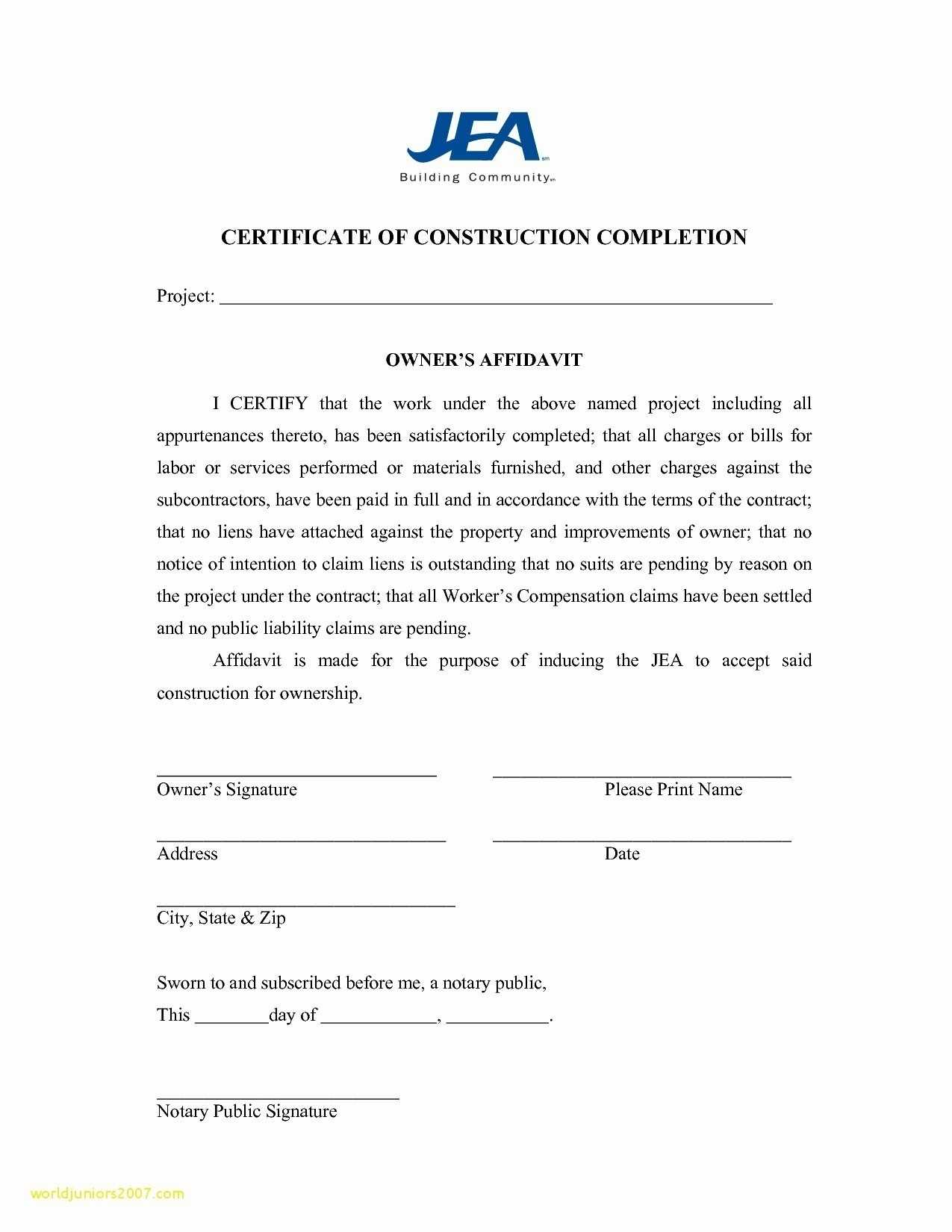 Certificate Of Substantial Completion Template Certificate Of Substantial Completion Template