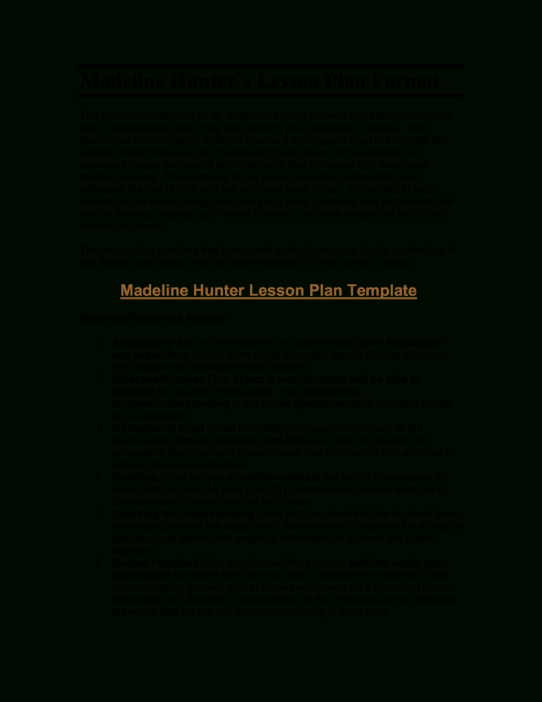 Microsoft Word – Madeline Hunter's Lesson Plan Format in Madeline ...