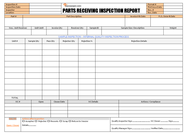 Parts Receiving Inspection Report Format regarding Part Inspection ...