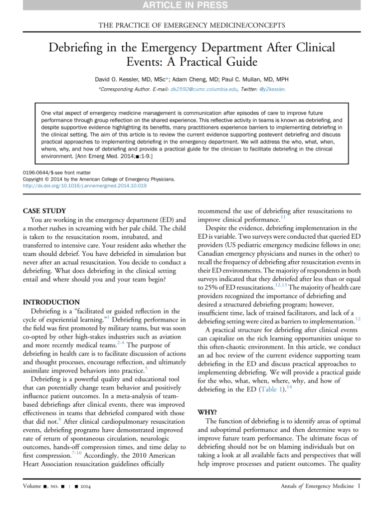 Pdf) Debriefing In The Emergency Department After Clinical for Event ...