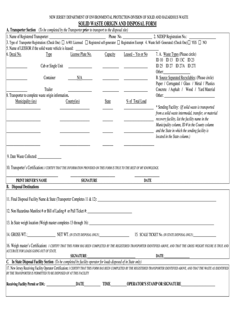 Solid Waste Origin And Disposal Form Nj – Fill Online within ...