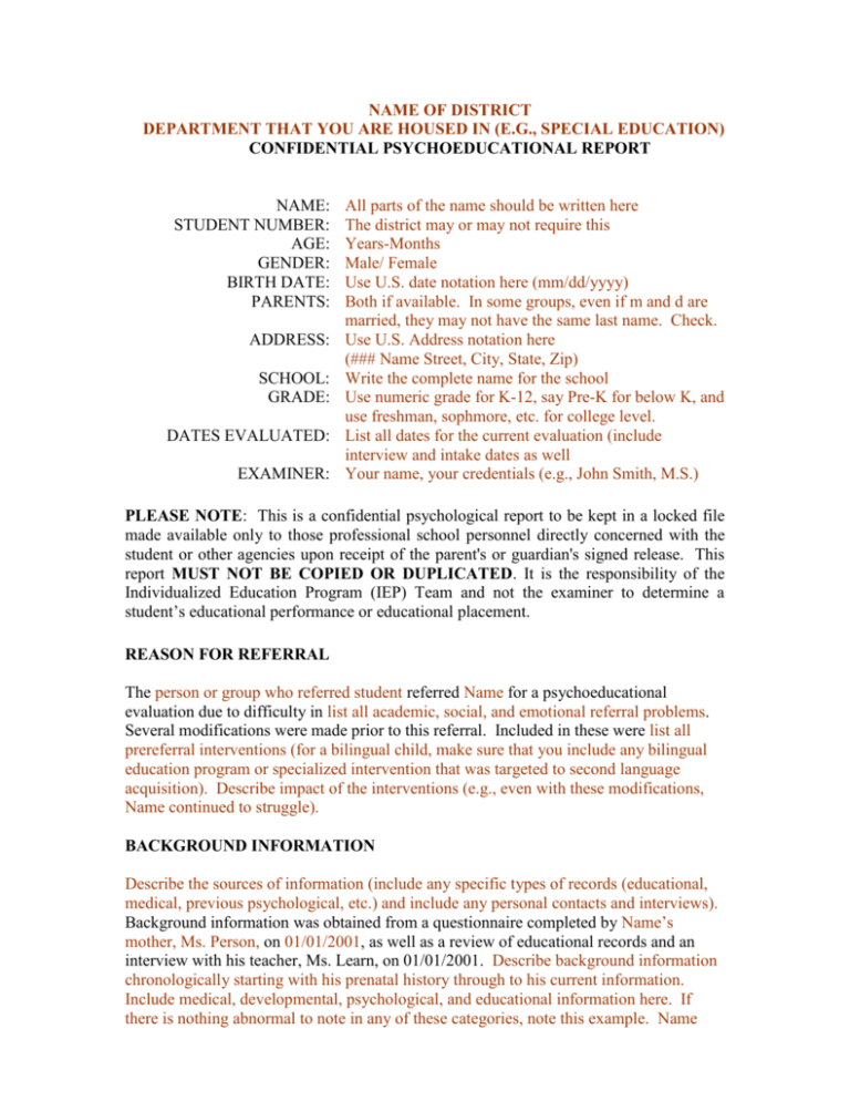 Template For A Bilingual Psychoeducational Report intended for School ...