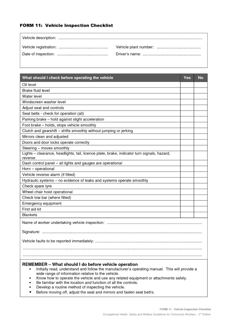 Vehicle Safety Inspection Checklist Form | Car Maintenance in Annual ...
